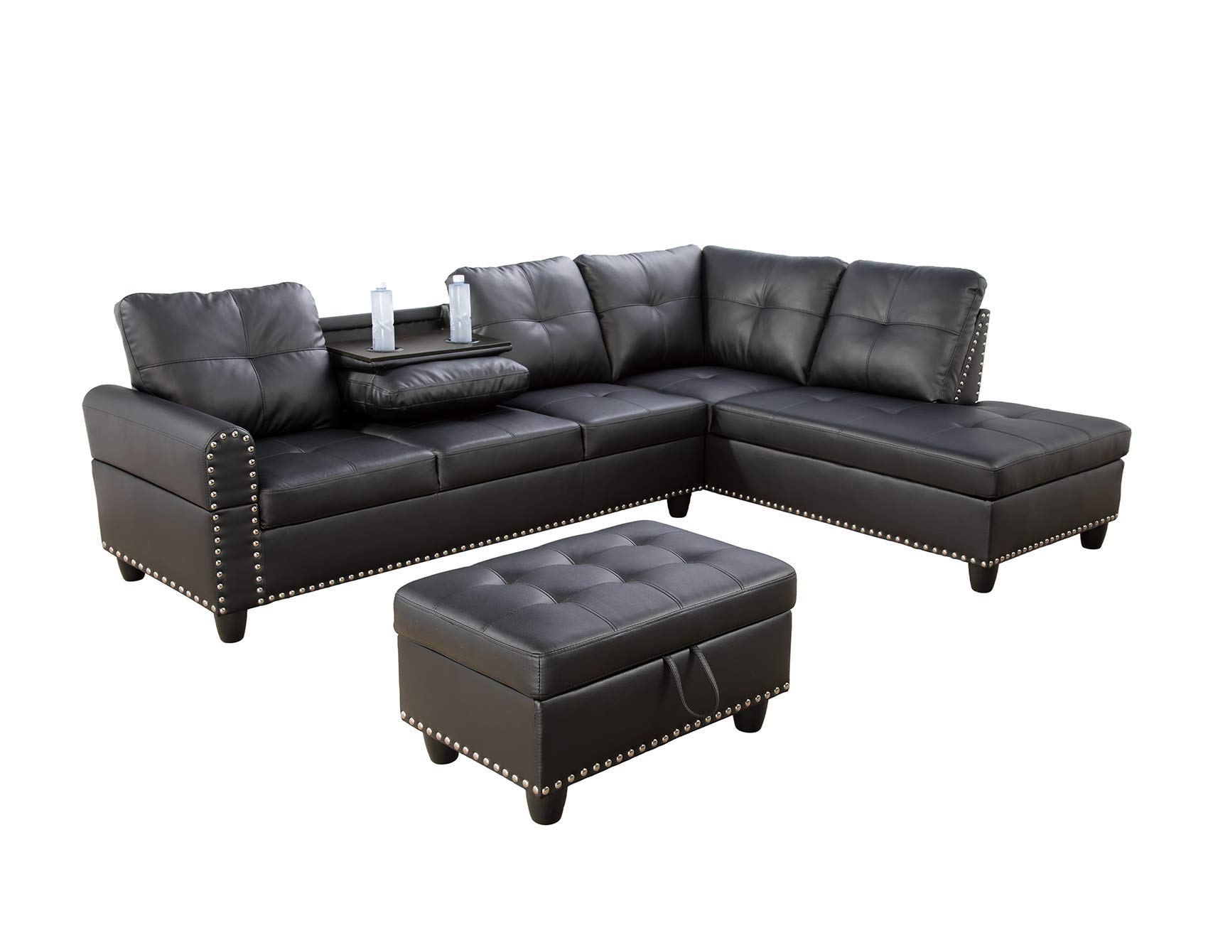 Ainehome Living Room Sectional Set, Leather Sectional Sofa in Home, with Storage Ottoman and Matching Pillows (Right Hand Facing,Black)