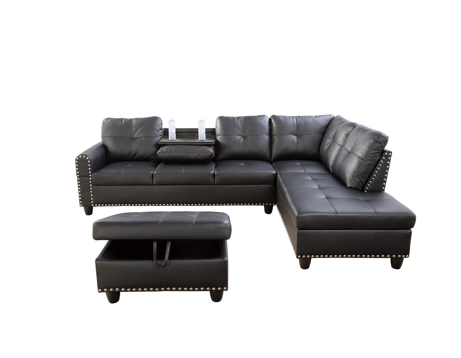 Ainehome Living Room Sectional Set, Leather Sectional Sofa in Home, with Storage Ottoman and Matching Pillows (Right Hand Facing,Black)