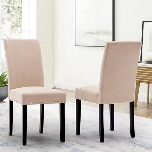 NOBPEINT Dining Chair Upholstered Fabric Dining Chairs with Copper Nails,Set of 2,Beige