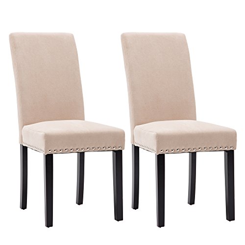 NOBPEINT Dining Chair Upholstered Fabric Dining Chairs with Copper Nails,Set of 2,Beige