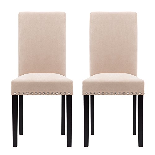 NOBPEINT Dining Chair Upholstered Fabric Dining Chairs with Copper Nails,Set of 2,Beige