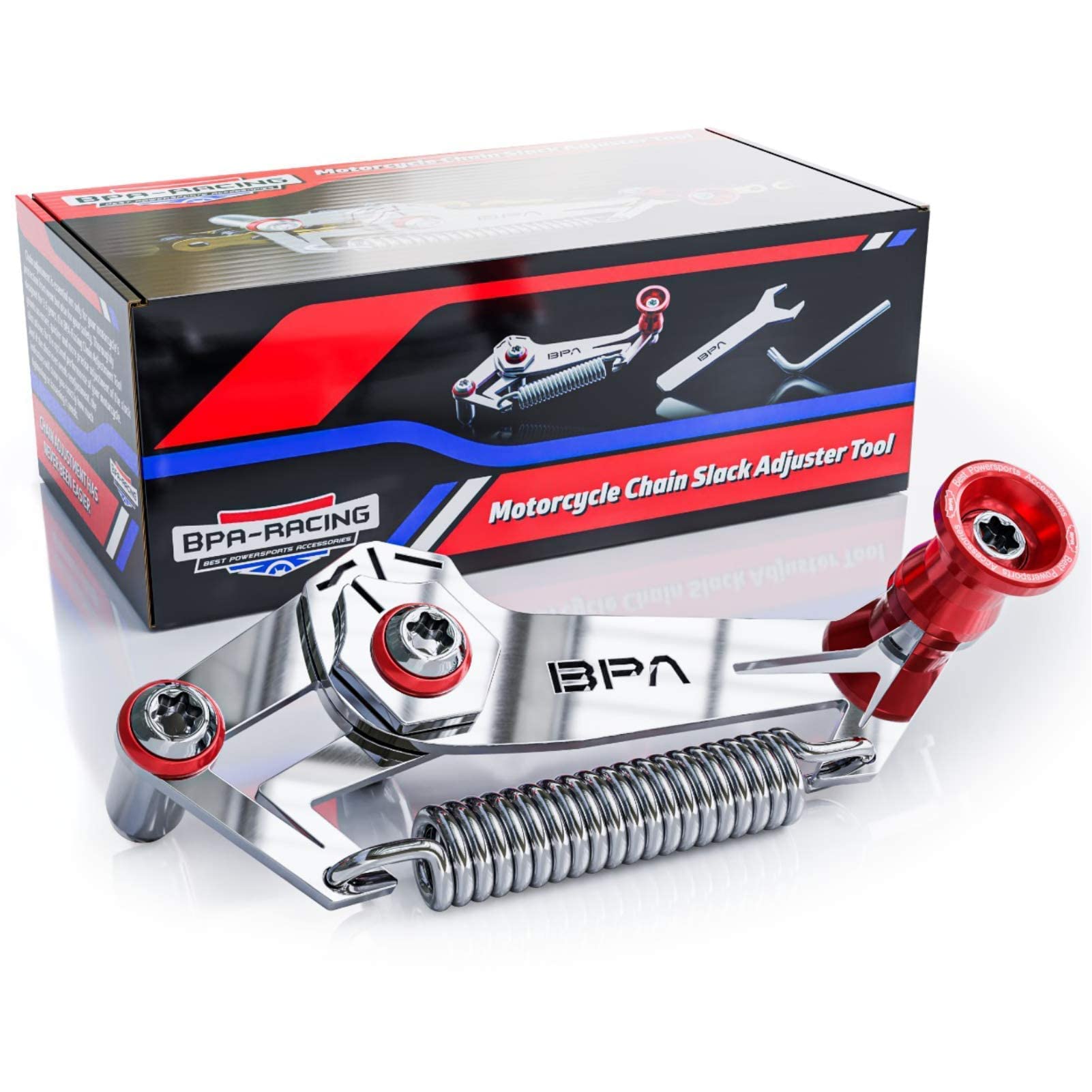 BPA-RACING Motorcycle Chain Slack Adjuster Tool - Innovative Chain Tensioning Tool for Easy, Quick & Precise Chain Slack Adjustment- Slack Setter Tool (Red)