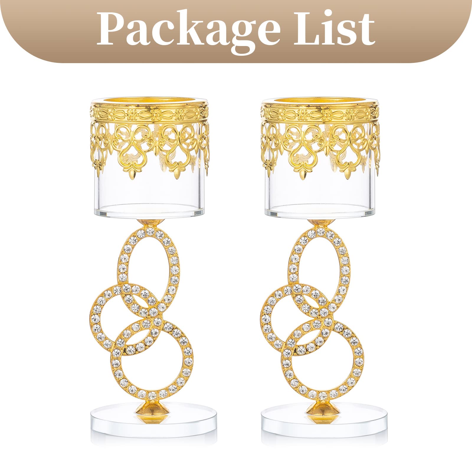 Sziqiqi Candlestick Holders for Votive Tea Light Candles Crystal and Glass Candleholder Set of 2 for Home Room Entryway Shelf Decor Wedding Centerpiece Decor, Coned Candle Cup, Gold, 6.9in Tall