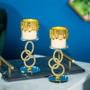 Sziqiqi Candlestick Holders for Votive Tea Light Candles Crystal and Glass Candleholder Set of 2 for Home Room Entryway Shelf Decor Wedding Centerpiece Decor, Coned Candle Cup, Gold, 6.9in Tall