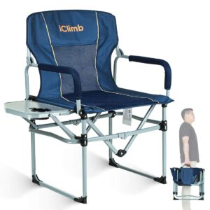 iClimb Heavy Duty Compact Camping Folding Mesh Chair with Side Table and Handle (Navy)