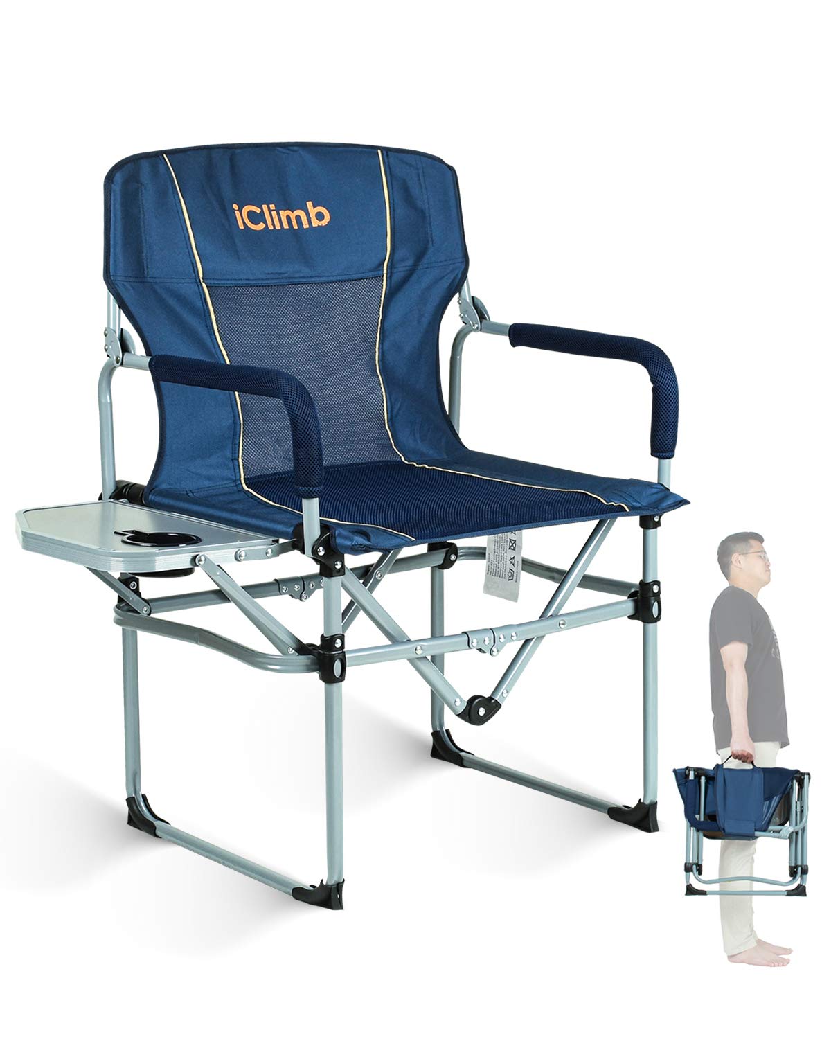 iClimb Heavy Duty Compact Camping Folding Mesh Chair with Side Table and Handle (Navy)