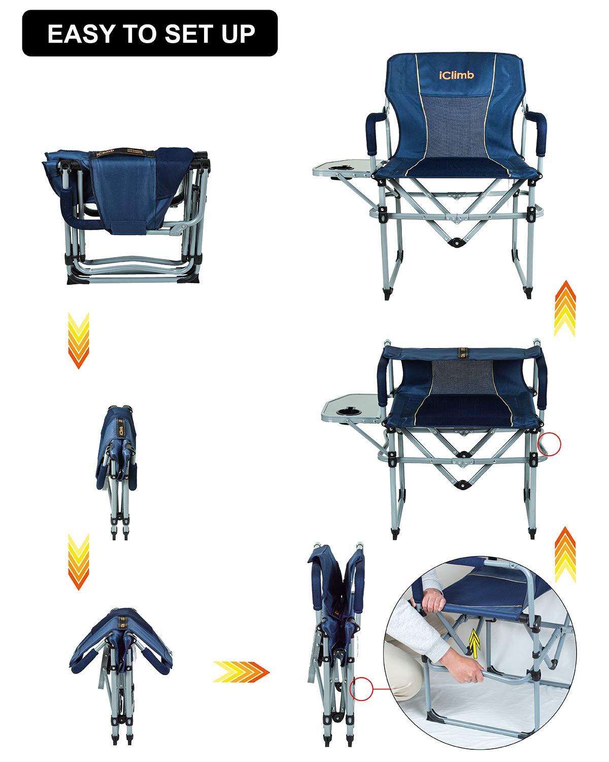 iClimb Heavy Duty Compact Camping Folding Mesh Chair with Side Table and Handle (Navy)