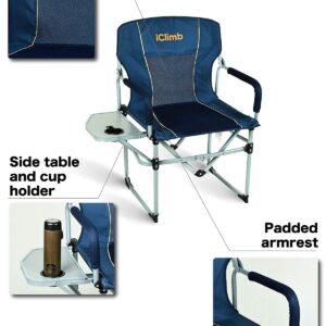 iClimb Heavy Duty Compact Camping Folding Mesh Chair with Side Table and Handle (Navy)