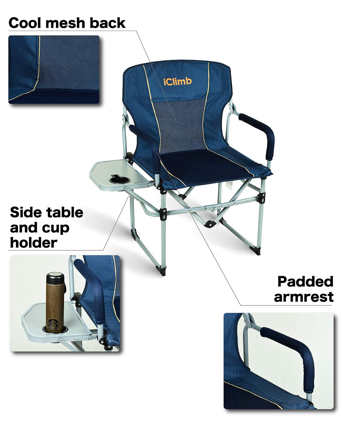 iClimb Heavy Duty Compact Camping Folding Mesh Chair with Side Table and Handle (Navy)