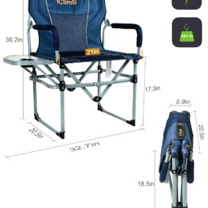 iClimb Heavy Duty Compact Camping Folding Mesh Chair with Side Table and Handle (Navy)