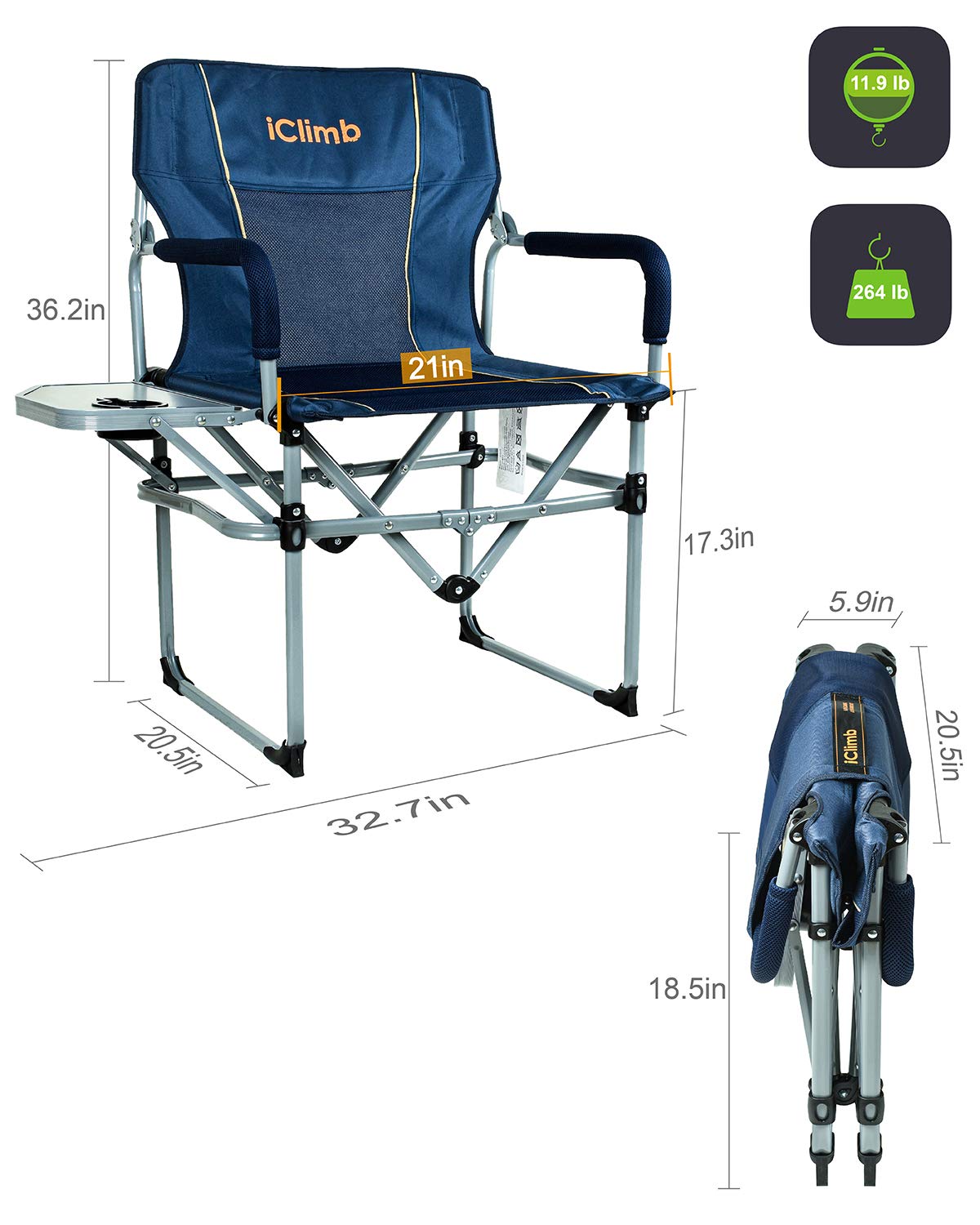 iClimb Heavy Duty Compact Camping Folding Mesh Chair with Side Table and Handle (Navy)