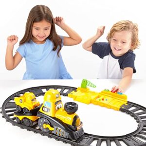 CAT Construction Toys, CAT Construction Power Track Friends Preschool Train Set | 8 Pieces of Easy-to-Assemble Tracks | Light & Sounds | Motorized Train & Car Carrier | Develops Fine Motor Skills