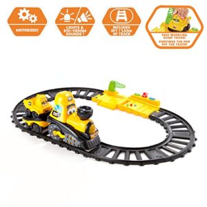 CAT Construction Toys, CAT Construction Power Track Friends Preschool Train Set | 8 Pieces of Easy-to-Assemble Tracks | Light & Sounds | Motorized Train & Car Carrier | Develops Fine Motor Skills