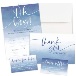 baby shower invitations set for boys - 25 blank fill-in invites with envelopes, books for baby, diaper raffle, and thank you cards - blue watercolor