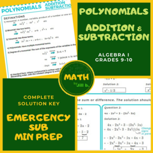 polynomials introduction, addition, subtraction lesson + worksheet + full answer key algebra 1 homeschool minimum prep emergency substitute