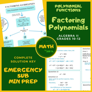 factoring polynomial functions algebra 2 lesson + polynomials worksheet + full answer key homeschool/emergency sub minimal prep