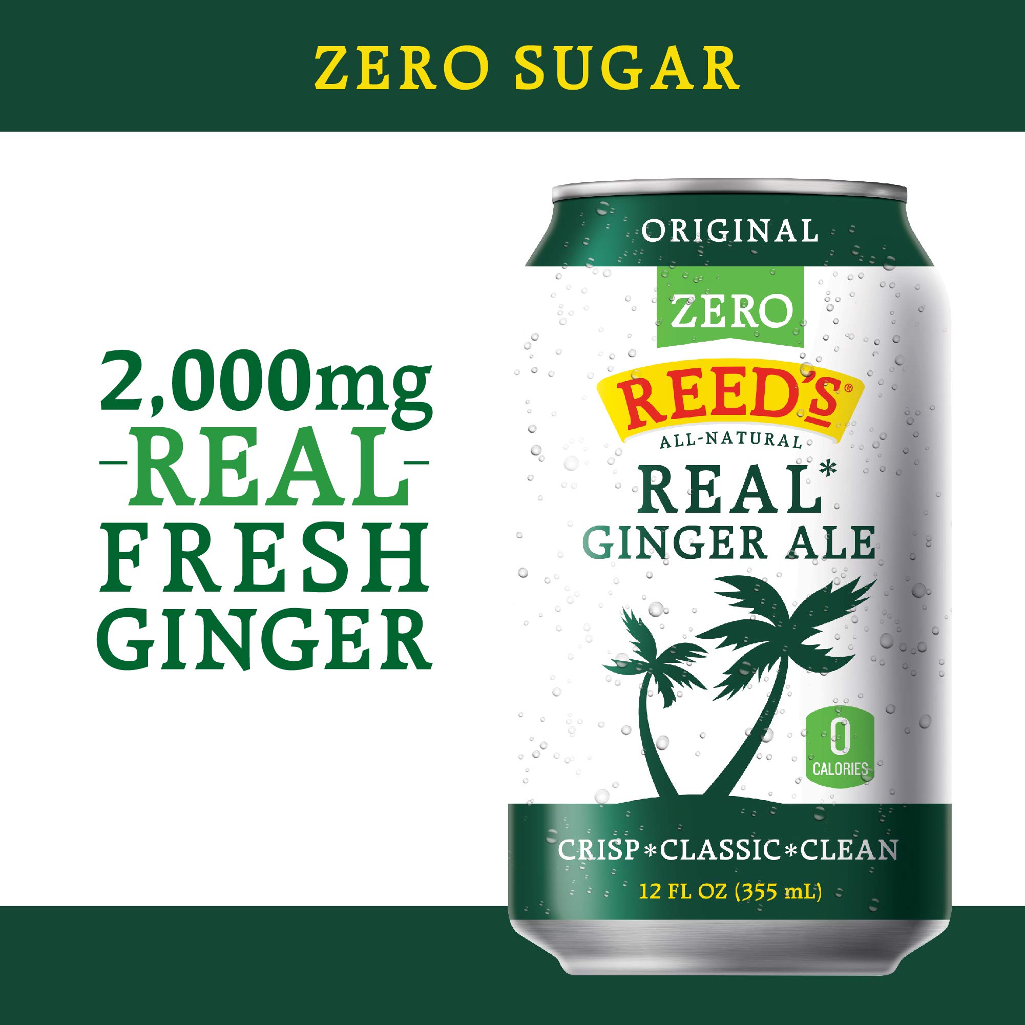 Reed's Zero Sugar Real Ginger Ale, All-Natural Classic Ginger Ale Made with Real Ginger (8pk,12oz can)