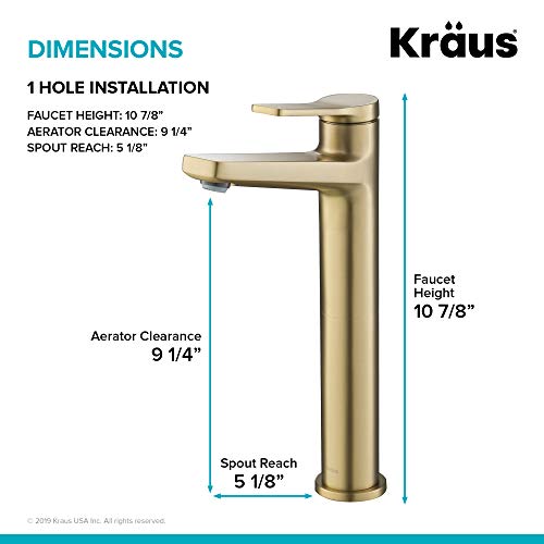 KRAUS Indy Single Handle Vessel Bathroom Faucet and Pop Up Drain in Brushed Gold, KVF-1400BG-PU-10BG