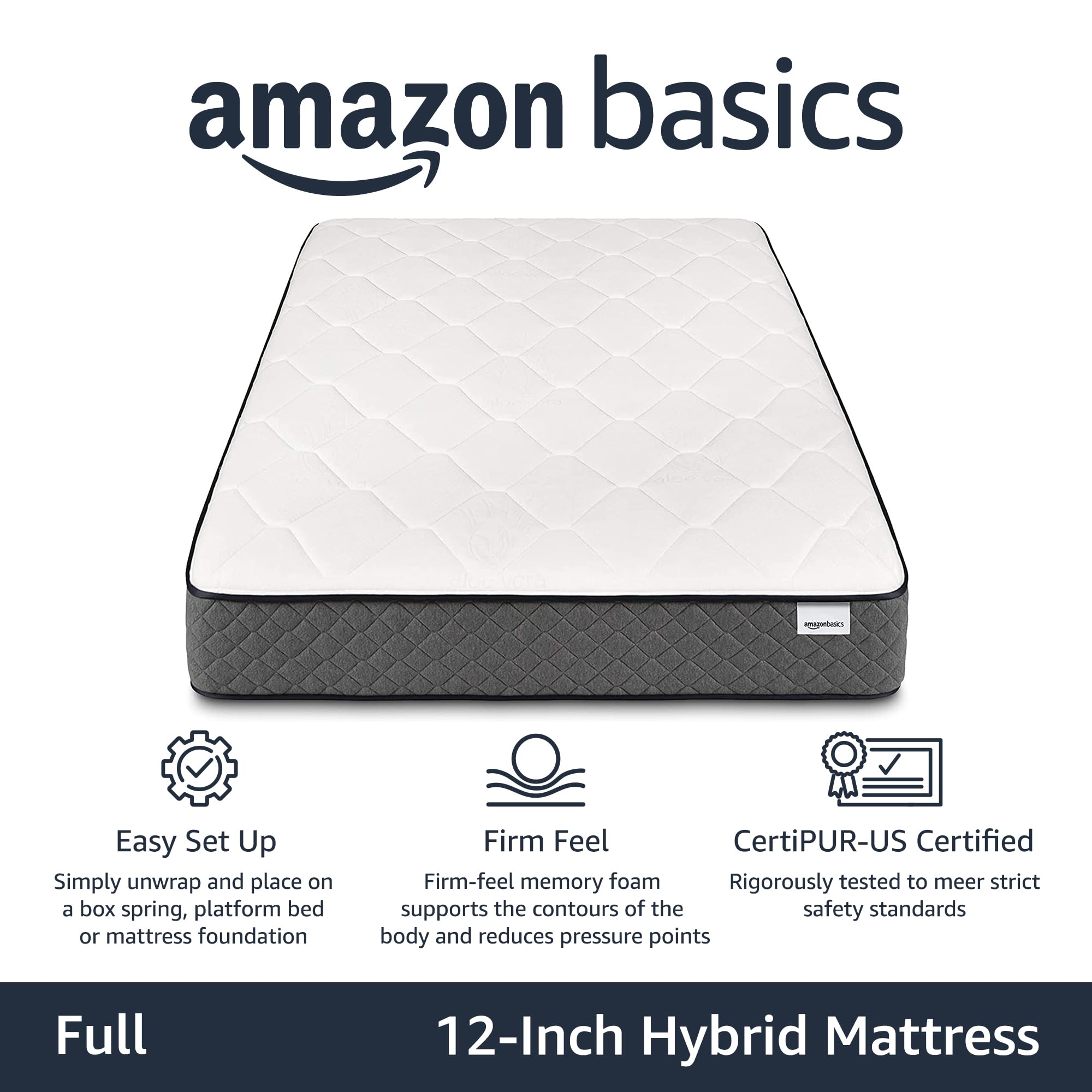 Amazon Basics Signature Infused Gel Memory Foam Hybrid Mattress for Deeper Support, Cushion Firm Feel, Cool to Touch top Fabric, CertiPUR-US Certified, 12 inch, Full, White & Gray