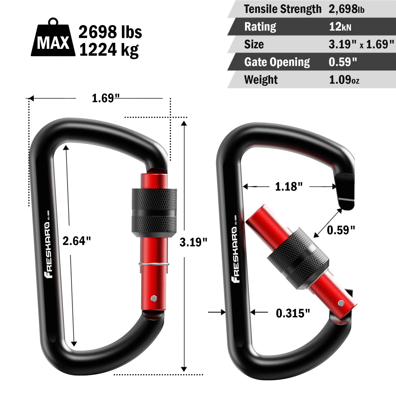 FresKaro Carabiner Clip, Locking and Small, Heavy Duty Carbineers, Key and Keychain Clips, Black Safety Aerial Karabiner 3inch, Aluminum, D-Ring, for Belt, Hammock, Weight Bearing, Hiking, Dog Crate