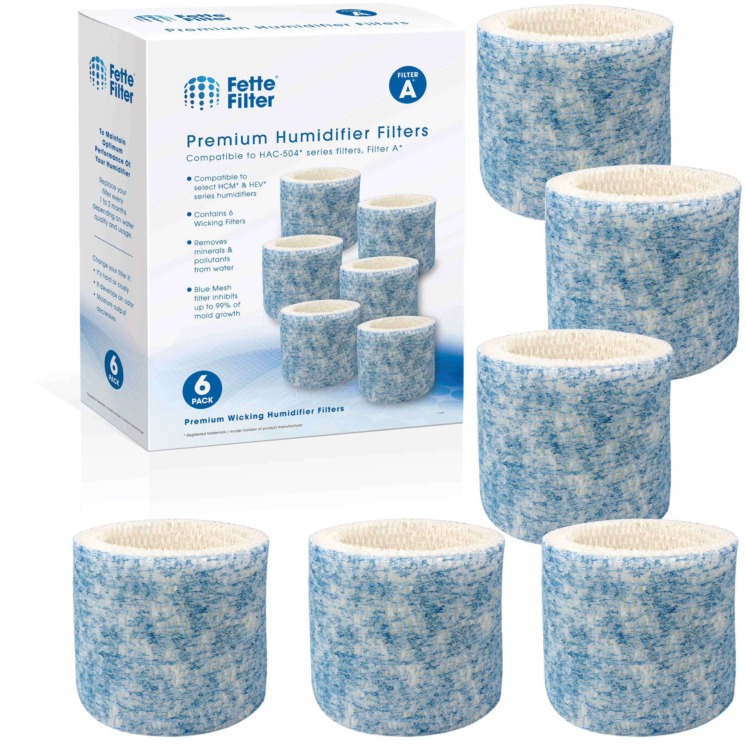 Fette Filter - Upgraded Blue Mesh Treated Layer Humidifier Wicking Filters Compatible with Honeywell HAC-504AW, Filter A for Models HAC-504, HAC-504AW, HCM 350 and Other Cool Mist Models - Pack of 6