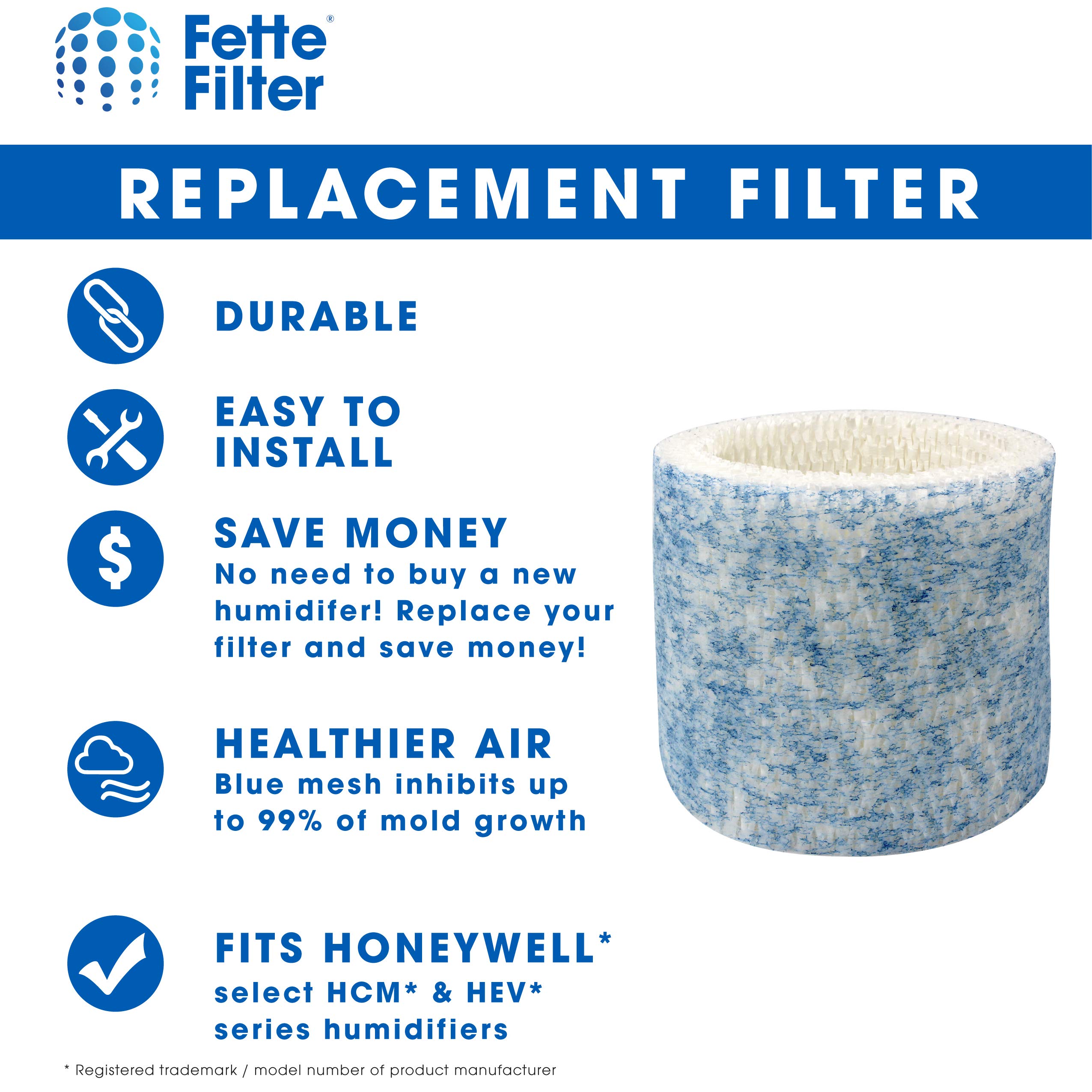 Fette Filter - Upgraded Blue Mesh Treated Layer Humidifier Wicking Filters Compatible with Honeywell HAC-504AW, Filter A for Models HAC-504, HAC-504AW, HCM 350 and Other Cool Mist Models - Pack of 6