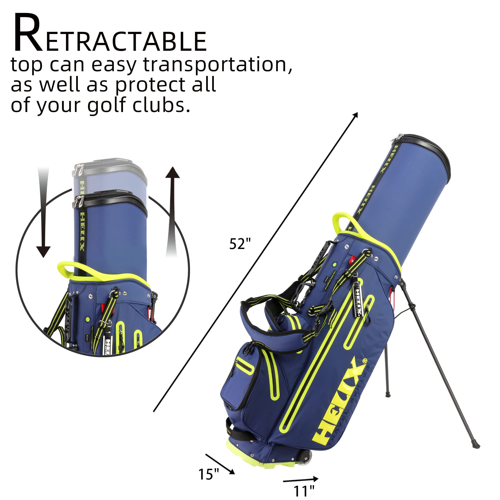 Helix Golf Stand Bag Retractable, 6 Way Dividers with Backstrap Shoulder Carry Golf Bag, Golf Bag Stand with Wheel for Traveling (Blue)