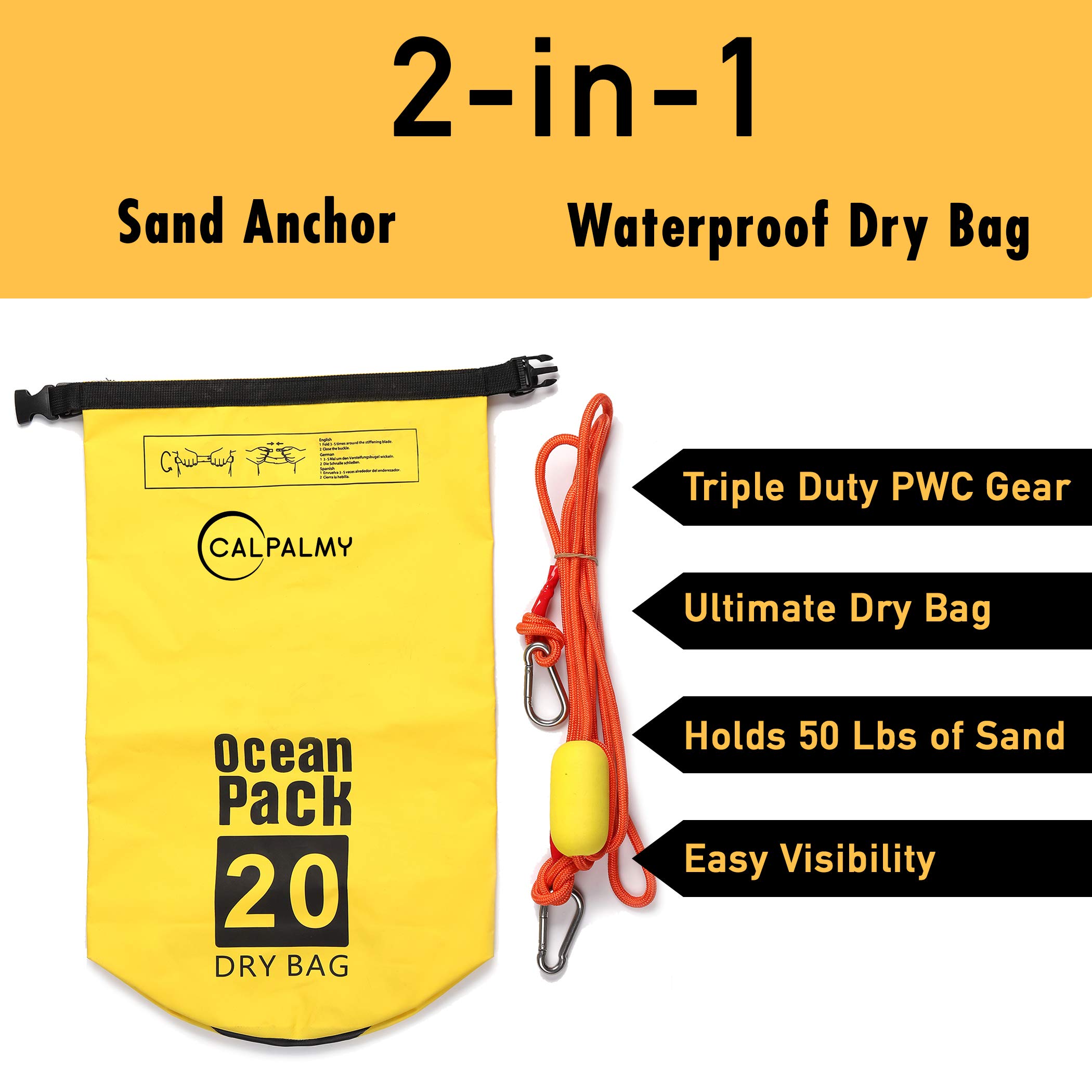 CALPALMY (2-Pack 2-in-1 Sand Anchor for Small Boats, Power Watercrafts, Canoes and Kayaks | Waterproof Dry Bag for Hiking, Camping, Water Sports, Kayaking, Boating, Surfing and Tubing