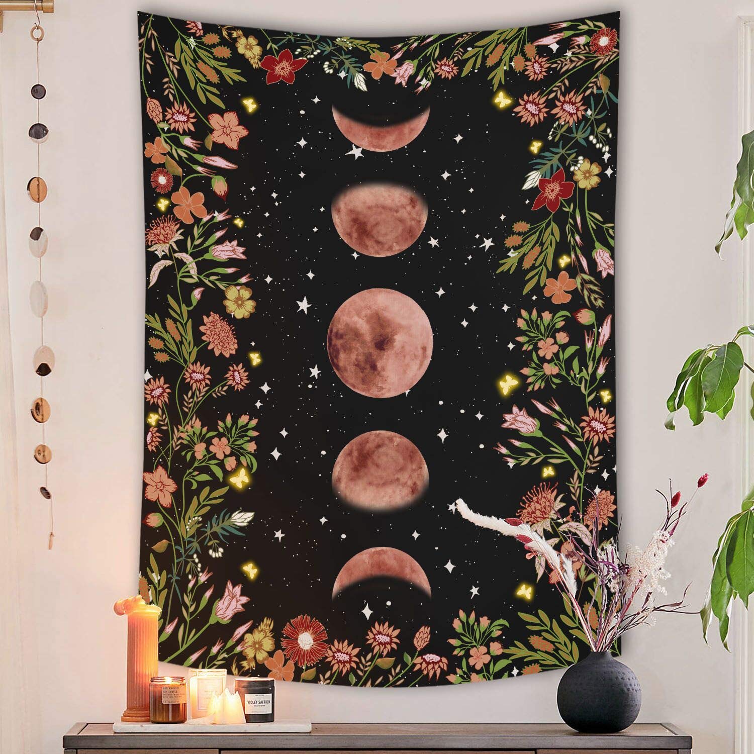 Rexful Moonlit Garden Tapestry, Moon Phase Surrounded by Plants and Flowers Black Wall Hanging Blanket 44×60 inch