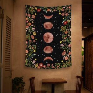 Rexful Moonlit Garden Tapestry, Moon Phase Surrounded by Plants and Flowers Black Wall Hanging Blanket 44×60 inch