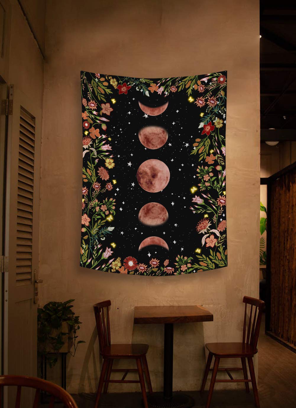 Rexful Moonlit Garden Tapestry, Moon Phase Surrounded by Plants and Flowers Black Wall Hanging Blanket 44×60 inch