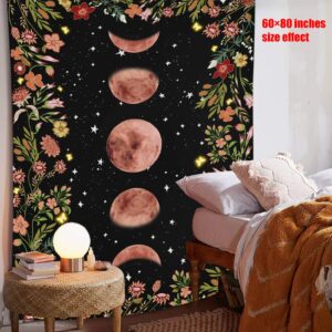 Rexful Moonlit Garden Tapestry, Moon Phase Surrounded by Plants and Flowers Black Wall Hanging Blanket 44×60 inch