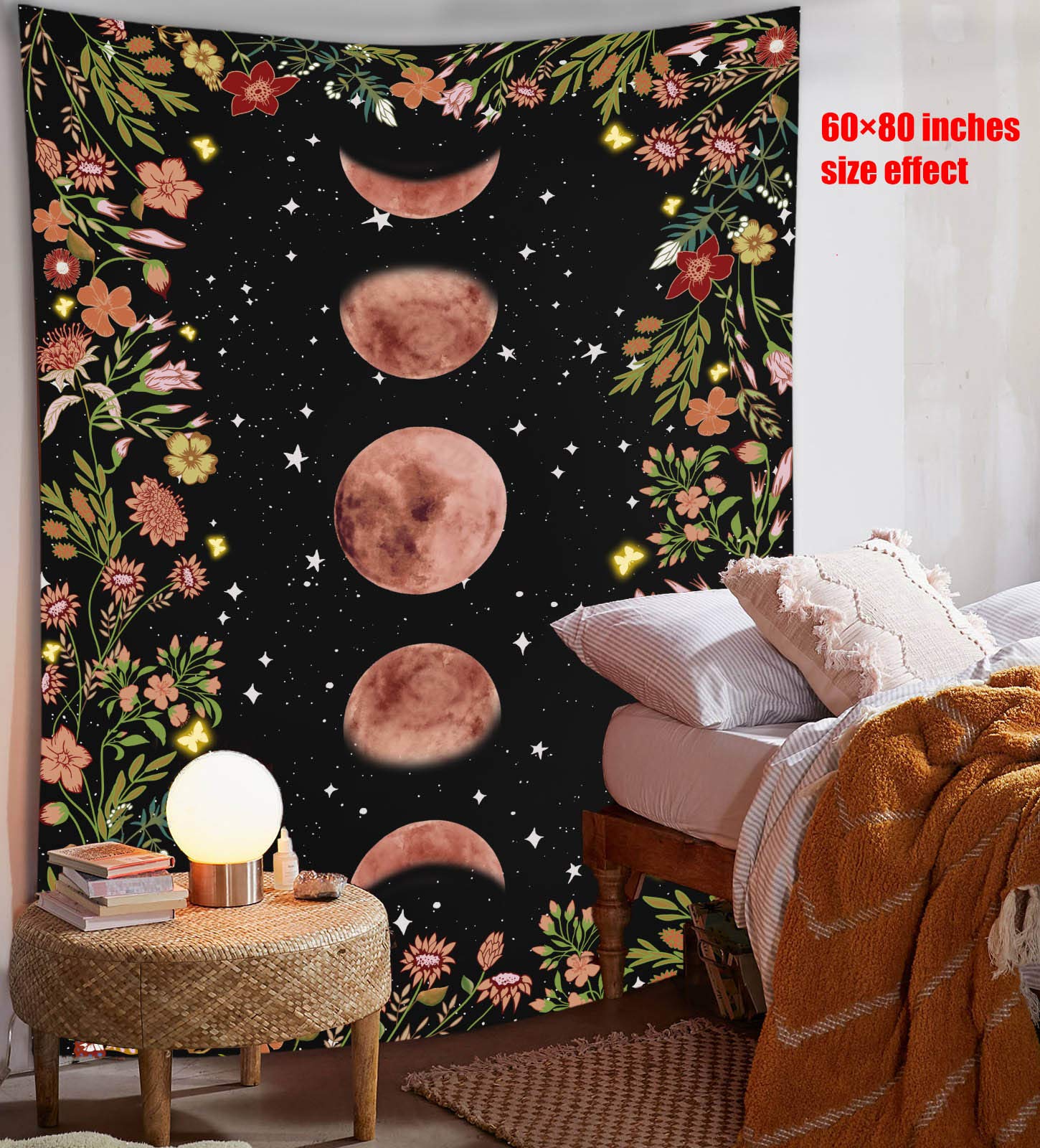 Rexful Moonlit Garden Tapestry, Moon Phase Surrounded by Plants and Flowers Black Wall Hanging Blanket 44×60 inch