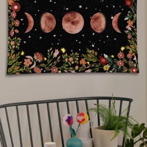 Rexful Moonlit Garden Tapestry, Moon Phase Surrounded by Plants and Flowers Black Wall Hanging Blanket 44×60 inch