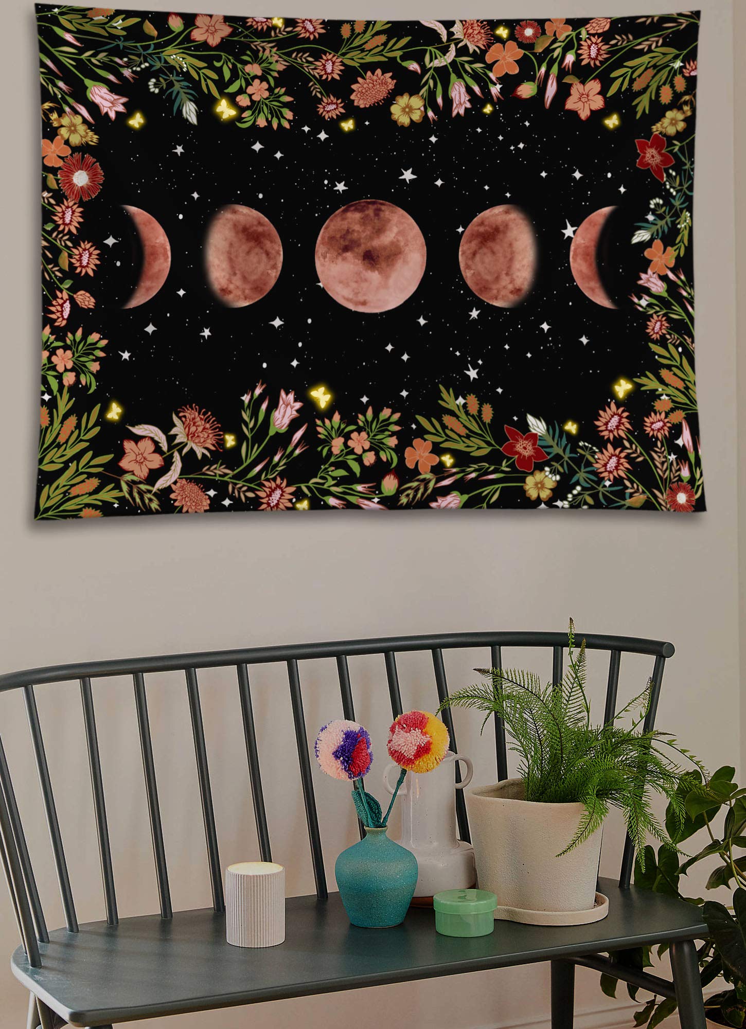 Rexful Moonlit Garden Tapestry, Moon Phase Surrounded by Plants and Flowers Black Wall Hanging Blanket 44×60 inch