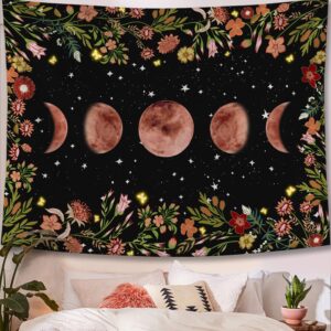 Rexful Moonlit Garden Tapestry, Moon Phase Surrounded by Plants and Flowers Black Wall Hanging Blanket 44×60 inch