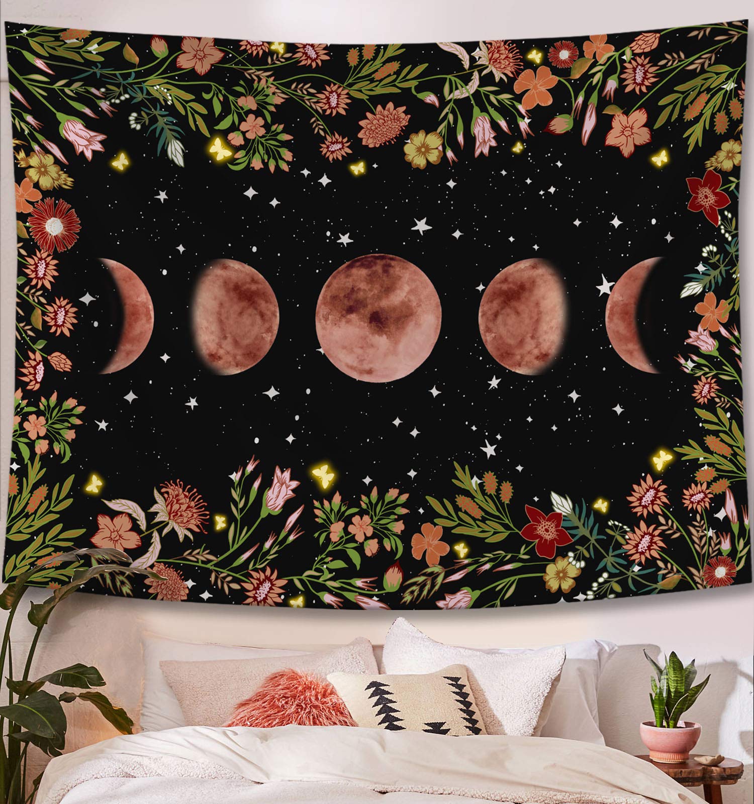 Rexful Moonlit Garden Tapestry, Moon Phase Surrounded by Plants and Flowers Black Wall Hanging Blanket 44×60 inch