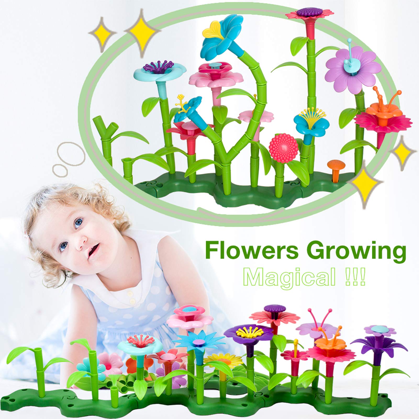 BIRANCO. Flower Garden Building Set - Grow up! Fun Stacking Toys for Toddlers and Kids Age 3-6 Year Olds, Educational Activity for Preschool, Cool STEM Gardening Gifts for Girls (138 PCS)