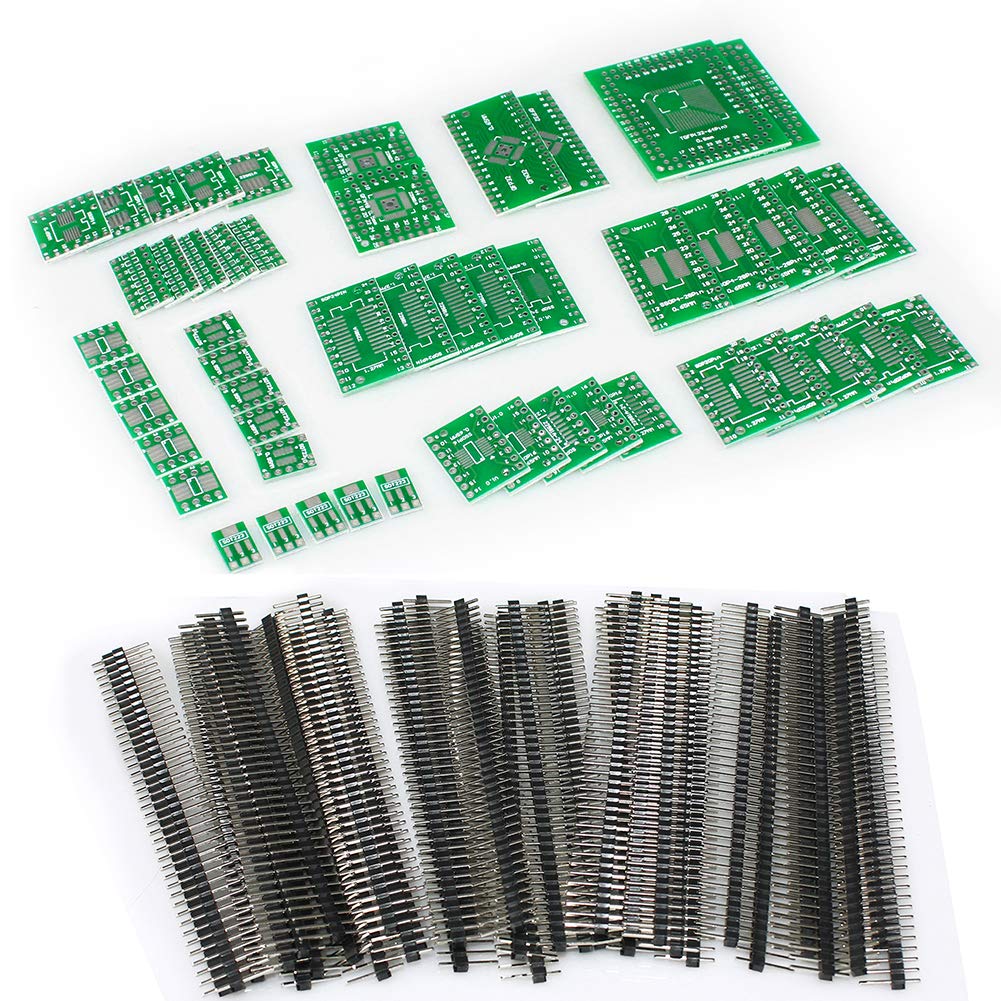 KeeYees 12 Types SMD to DIP Adapter PCB Proto Board Kit SOP8 SOP10 SOP14 SOP16 SOP20 SOP24 SOP28 0402/0603/0805 SMT SOT89/SOT223 TQFP100 QFN32 QFN44/48 with 40pcs 2.54mm Pin Header