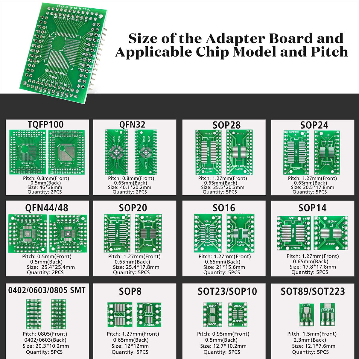 KeeYees 12 Types SMD to DIP Adapter PCB Proto Board Kit SOP8 SOP10 SOP14 SOP16 SOP20 SOP24 SOP28 0402/0603/0805 SMT SOT89/SOT223 TQFP100 QFN32 QFN44/48 with 40pcs 2.54mm Pin Header