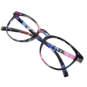 blue light blocking glasses for women/men, computer reading, stylish oval frame (pink floral, no magnification)