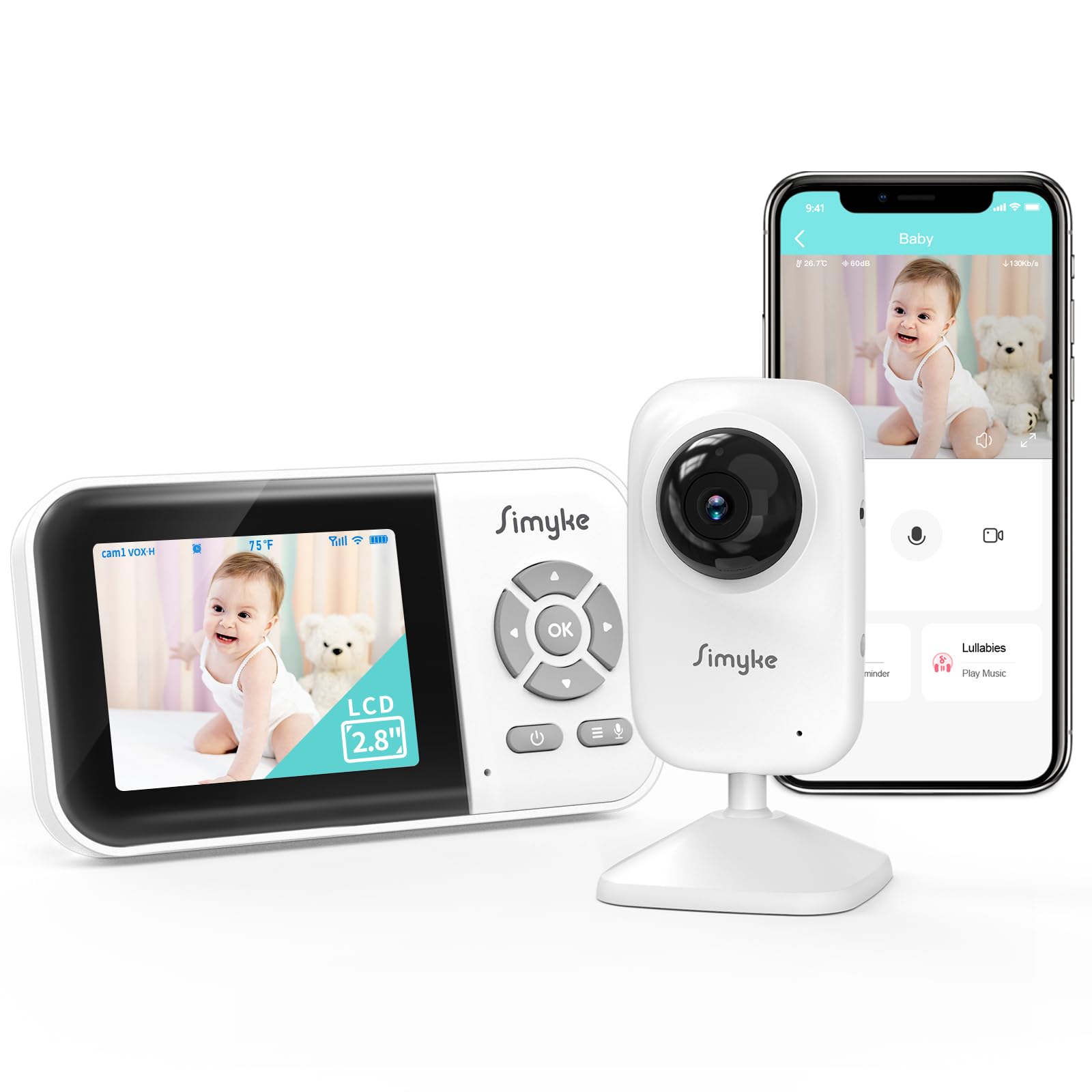 Simyke Video Baby Monitor with 2 Cameras and Audio 3.5" LCD Digital Display with 2 Way Talk,Infrared Night Vision,2X Zoomin Temperature Detect VOX Auto Lullaby Baby Monitoring