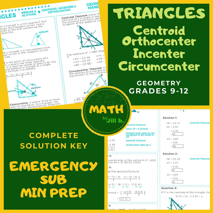 Triangle Centroid, Circumcenter, Othocenter, Incenter Geometry Lesson + Worksheets w Full Answer Solutions Minimum Prep for Emergency Substitutes