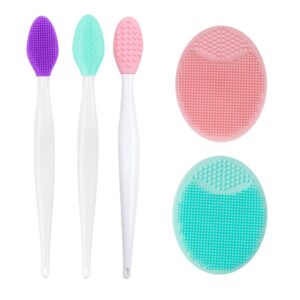 3pcs silicone exfoliating lip brush 2 in 1 double-sided soft silicone lip brush & and 2pcs silicone facial cleaning brushes pad for smoother and fuller lip appearance cleanning blackhead