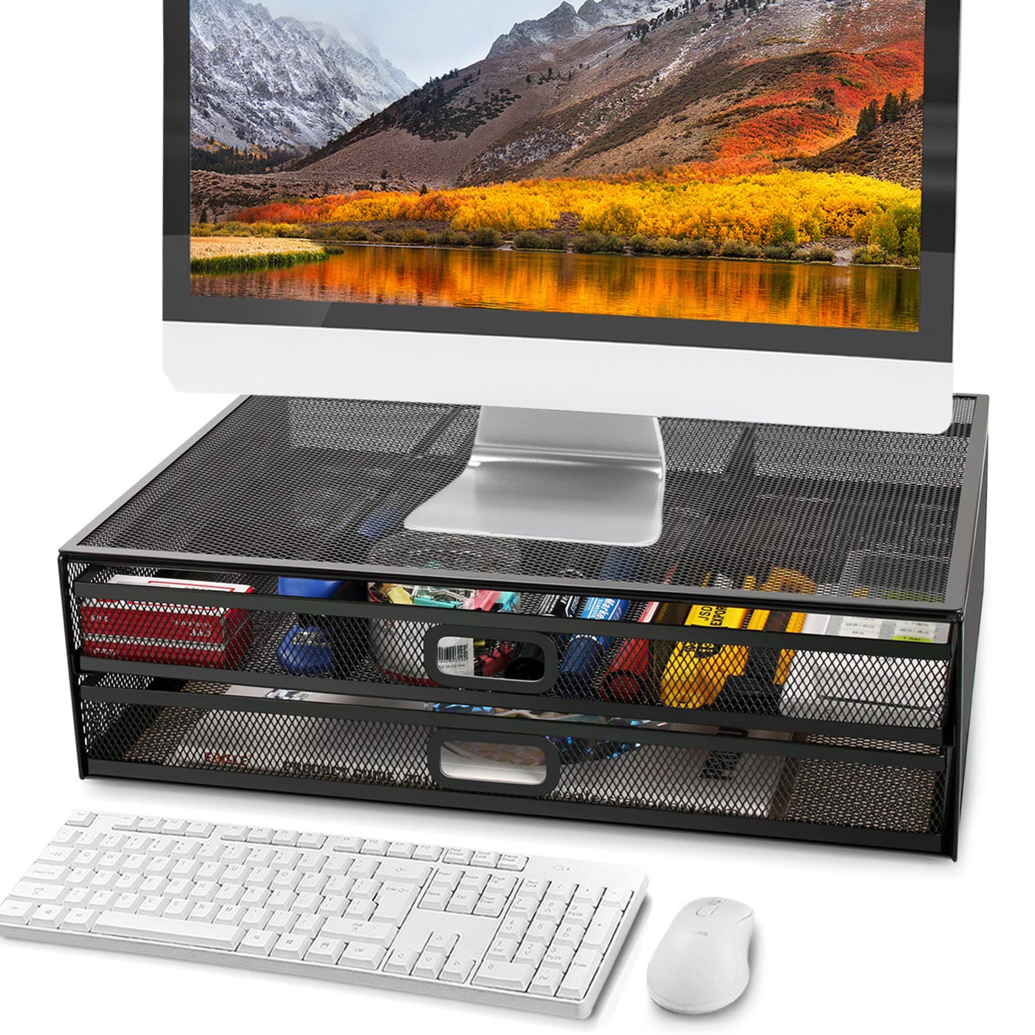 Monitor Stand Riser with Dual Pull Out Storage Drawer - Metal Mesh Desk Organizer with Drawer, Drawer, Office Supply for Computer, PC, Laptop, Printer, Notebook, iMac