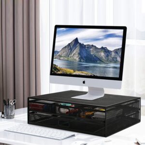 Monitor Stand Riser with Dual Pull Out Storage Drawer - Metal Mesh Desk Organizer with Drawer, Drawer, Office Supply for Computer, PC, Laptop, Printer, Notebook, iMac