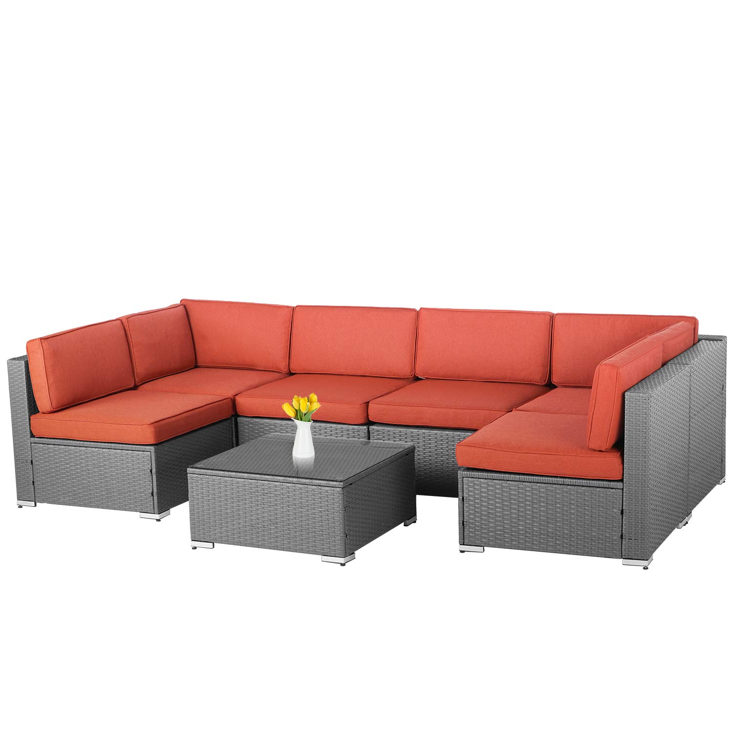 SOLAURA 7-Piece Outdoor Patio Furniture Set, Gray Wicker Furniture Conversation Set Modular Outdoor Sectional Sofa with YKK Zipper &Coffee Table - Orange Red