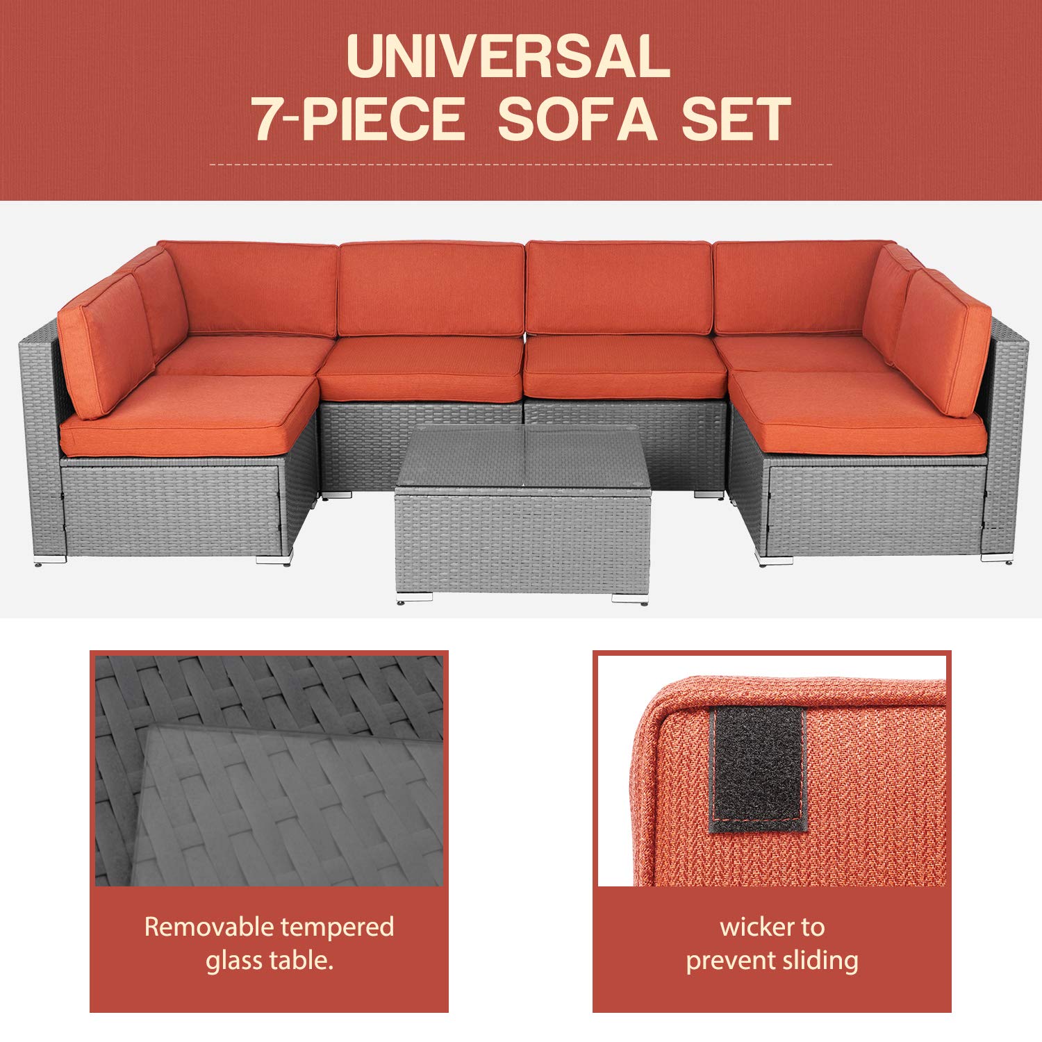 SOLAURA 7-Piece Outdoor Patio Furniture Set, Gray Wicker Furniture Conversation Set Modular Outdoor Sectional Sofa with YKK Zipper &Coffee Table - Orange Red