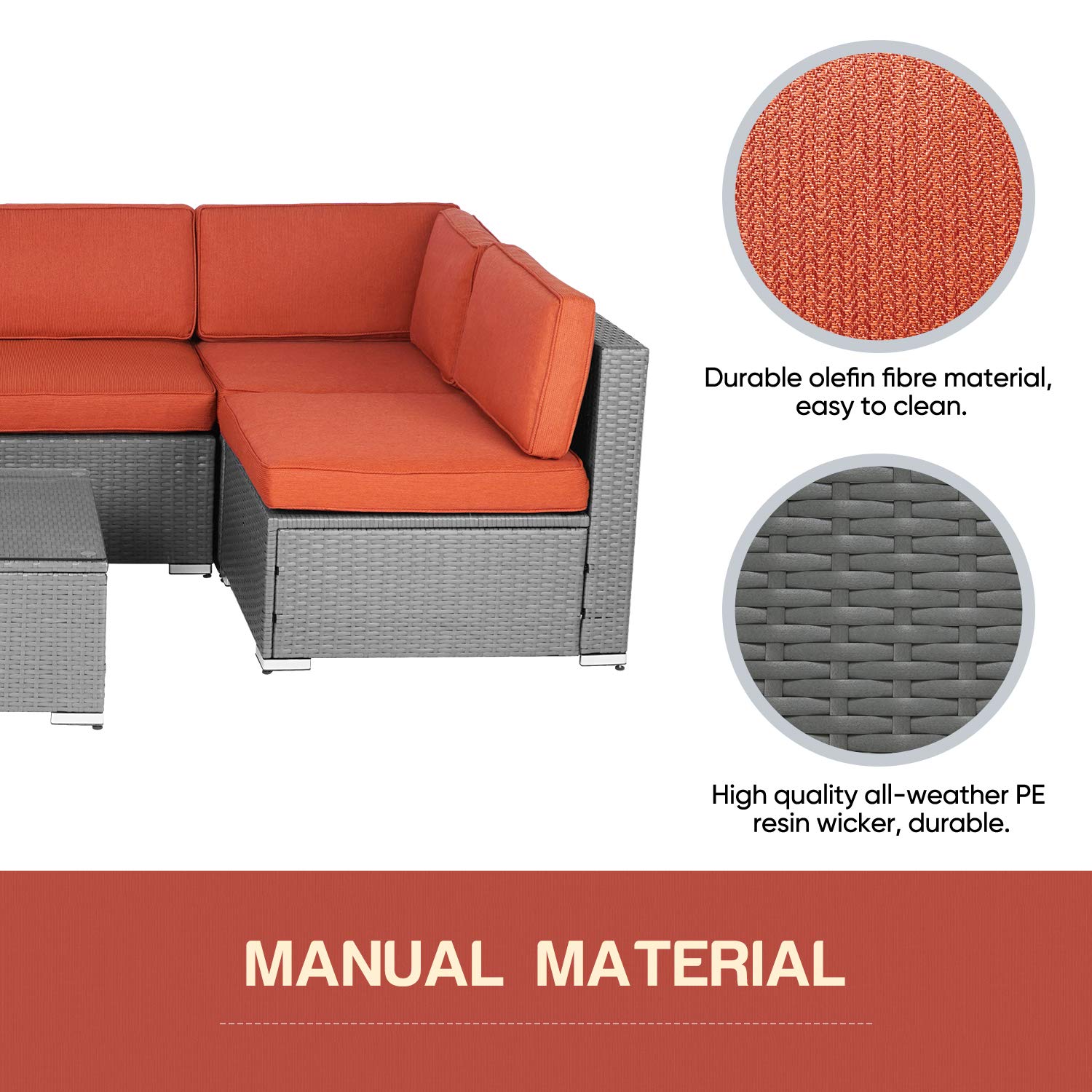 SOLAURA 7-Piece Outdoor Patio Furniture Set, Gray Wicker Furniture Conversation Set Modular Outdoor Sectional Sofa with YKK Zipper &Coffee Table - Orange Red