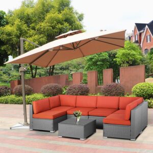 SOLAURA 7-Piece Outdoor Patio Furniture Set, Gray Wicker Furniture Conversation Set Modular Outdoor Sectional Sofa with YKK Zipper &Coffee Table - Orange Red